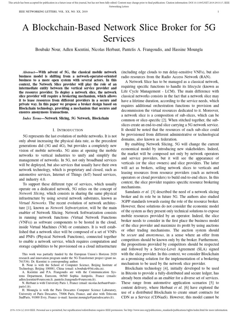 A Blockchain-Based Network Slice Broker For 5G | PDF | Computer Network | Telecommunications