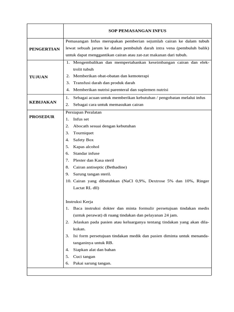 SOP Pemasangan Infus | PDF