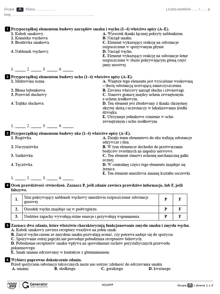 G narzady zmyslow Test (bez widocznej punktacji) | PDF