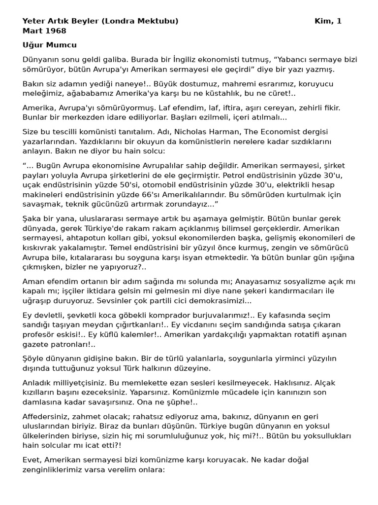 Ugur Mumcu Yeter Artik Beyler Londra Mektubu 1 Mart 1968 | PDF