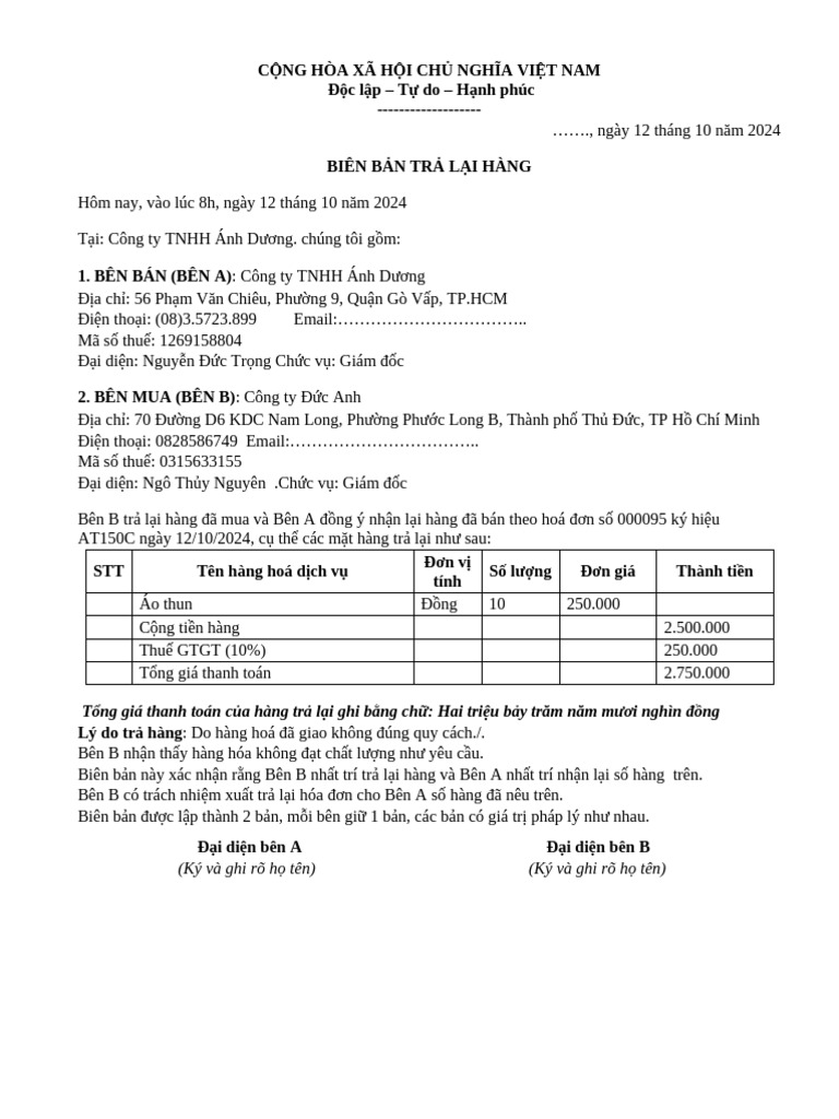 Mau Bien Ban Tra Lai Hang | PDF