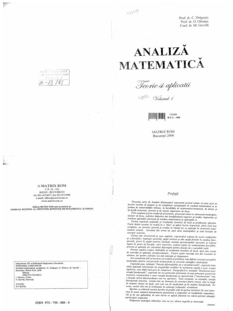 Analiza Matematica Teorie Si Aplicatii Volumul 1 2006 | PDF