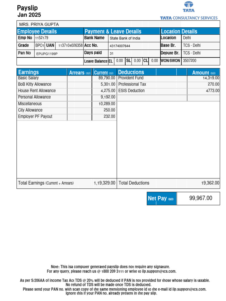Pay Slip Jan 2025 | PDF | Taxes | Tax Deduction