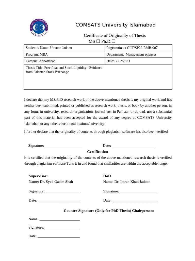 Certificate of Originality of MS and PHD Thesis | PDF