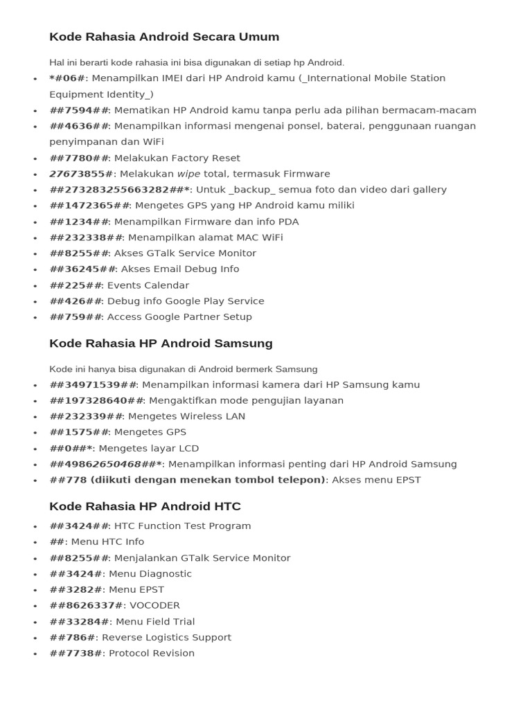 Kode Rahasia HP Android Lengkap | PDF