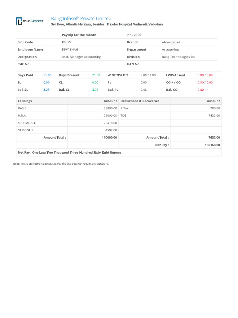 Divy Salary - Jan 25 | PDF