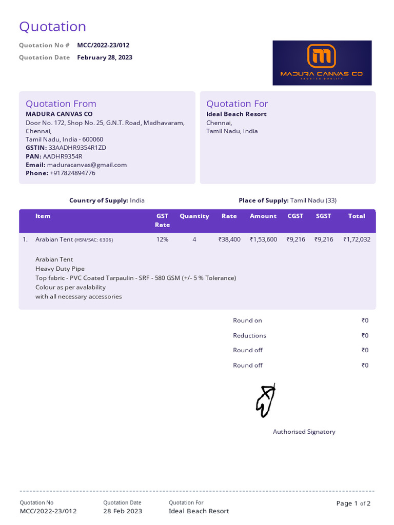 Quotation for Arabian Tents at MCC Resort | PDF | Taxation | Government ...