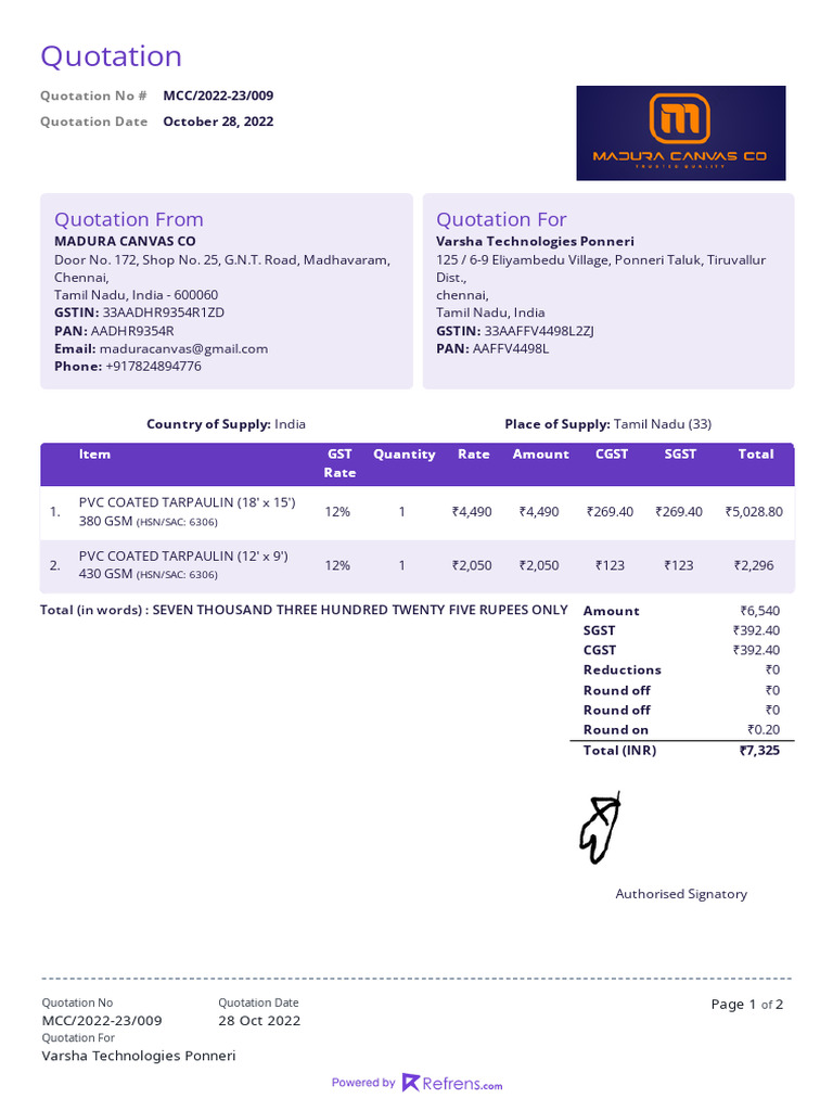 Quotation mcc2022 23009 Madura Canvas Co Varsha Technologies Ponneri | PDF | Public Finance ...