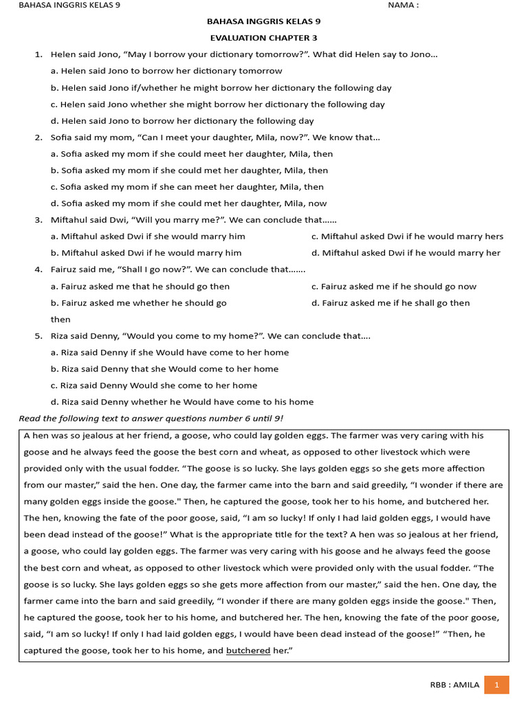 Bahasa Inggris Chapter 3 Evaluation (Siswa) | PDF | Chicken