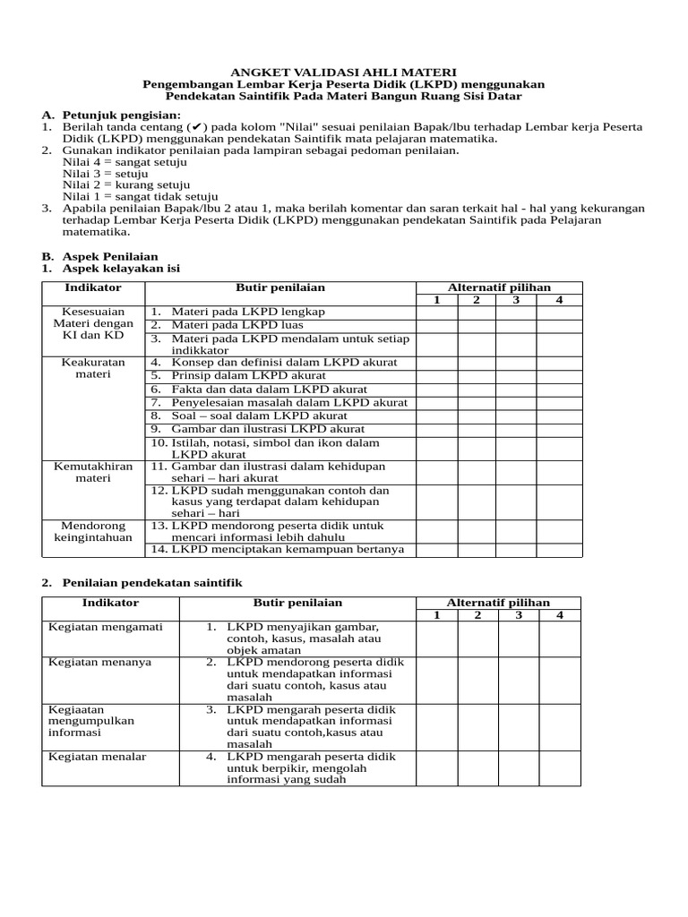 ANGKET VALIDASI AHLI MATERI | PDF