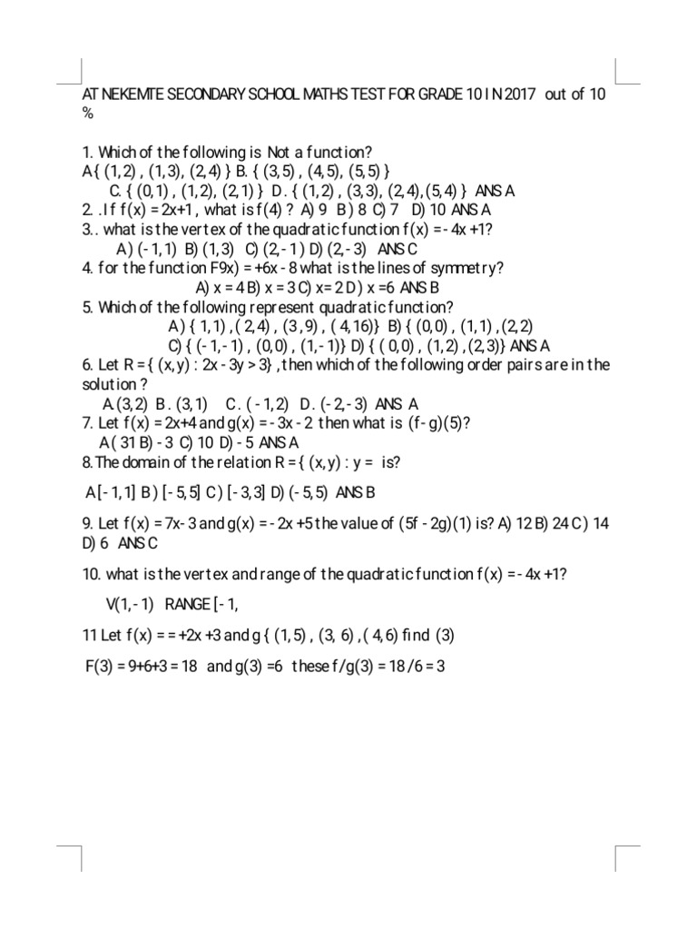 Maths Test One Grade 10 2017 | PDF