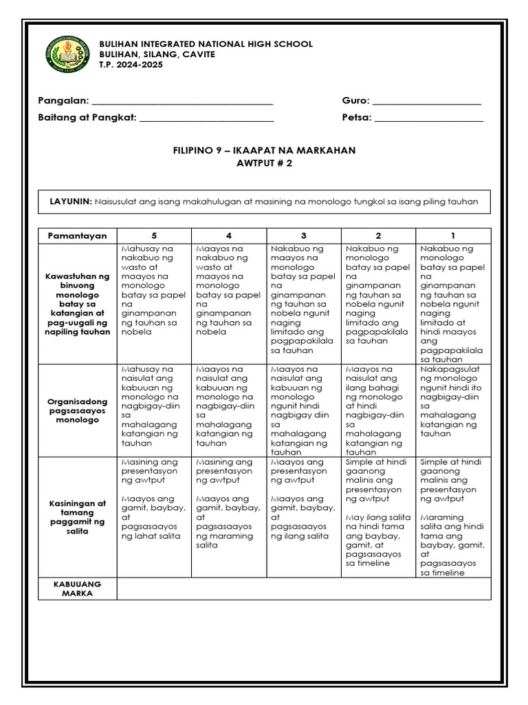 Pamantayan Awtput 2 Pagsulat NG Monologo | PDF