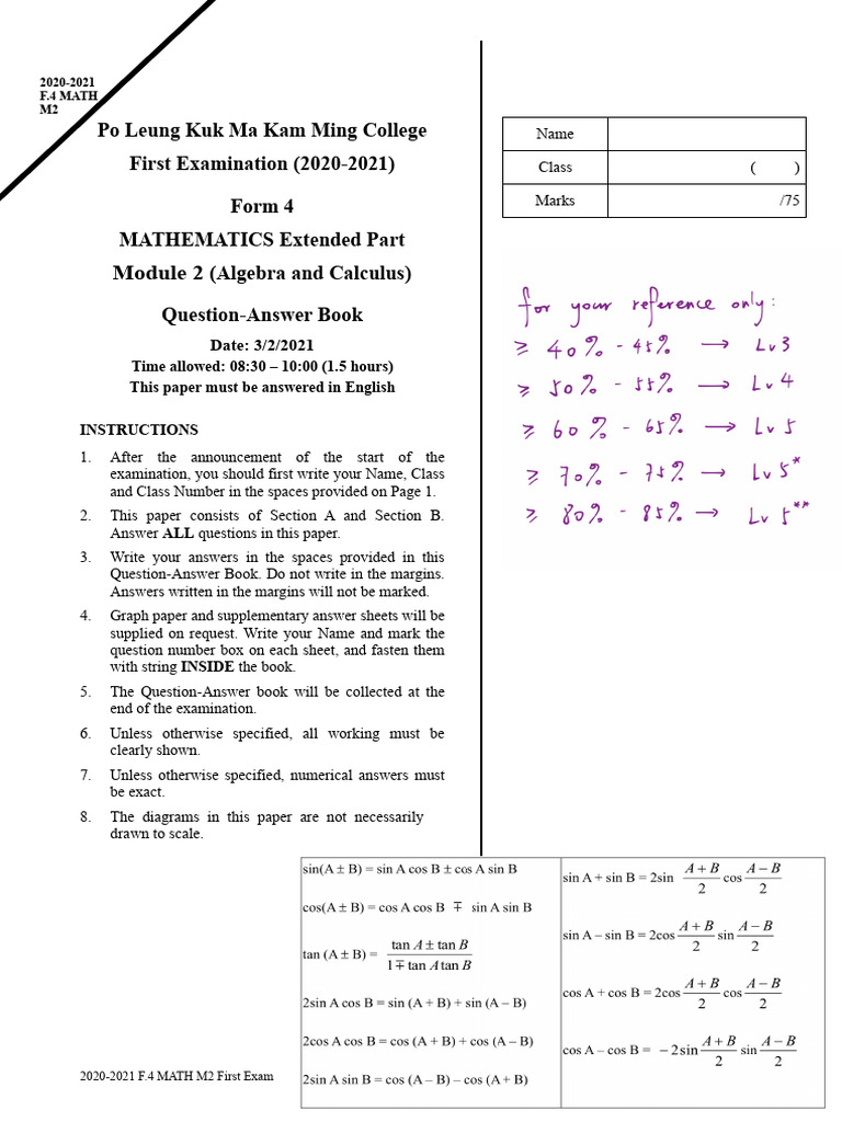 F.4 M2 Math First Exam 2020-2021 | PDF | Mathematics | Algebra
