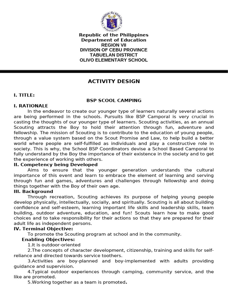 Bsp-School-Camp - Activity Design Matrix | PDF | Scouting