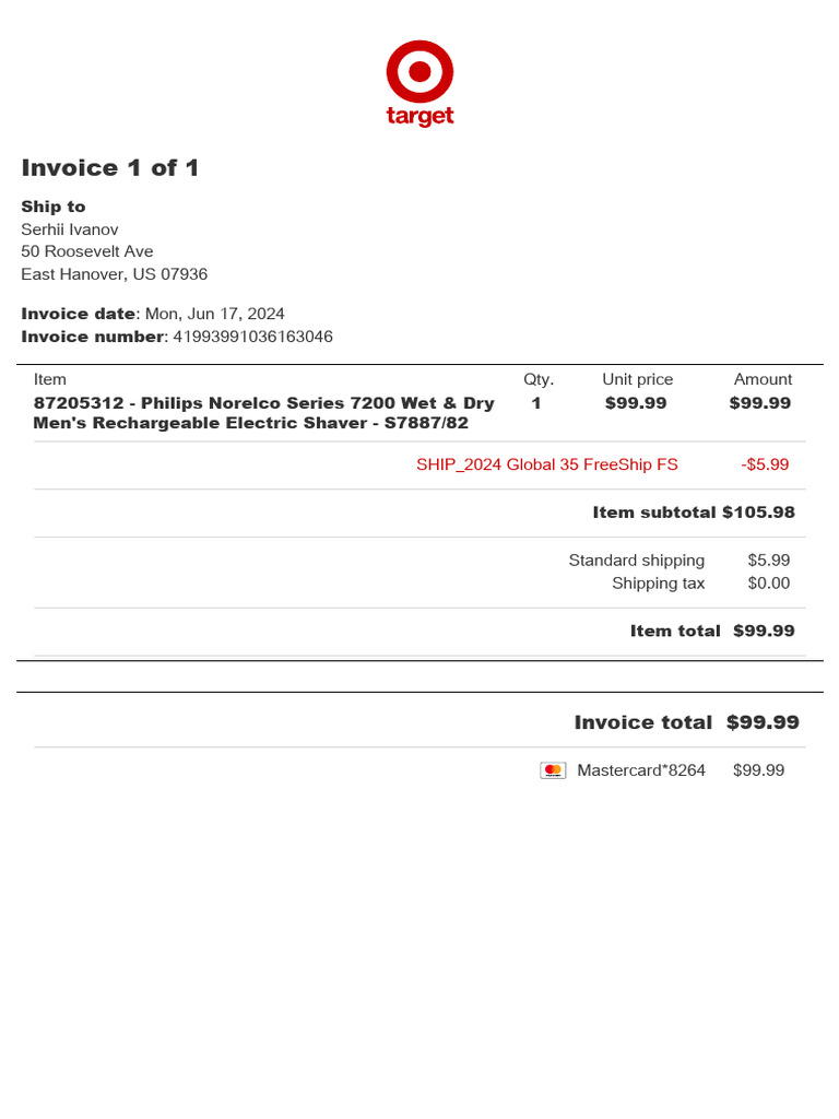 Invoice for Philips Norelco Shaver Purchase | PDF