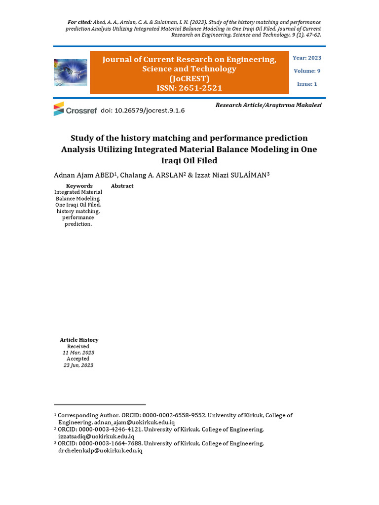 Study of The History Matching and Performance Prediction Analysis ...