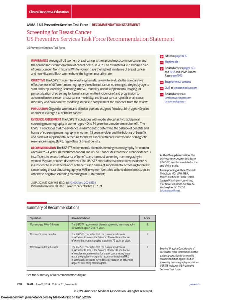Breast Cancer Screening Guidelines 2024 | PDF | Mammography | Screening ...