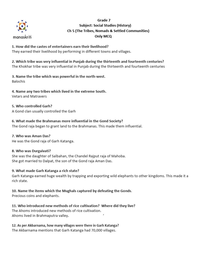 G7 History CH 5 MCQ | PDF