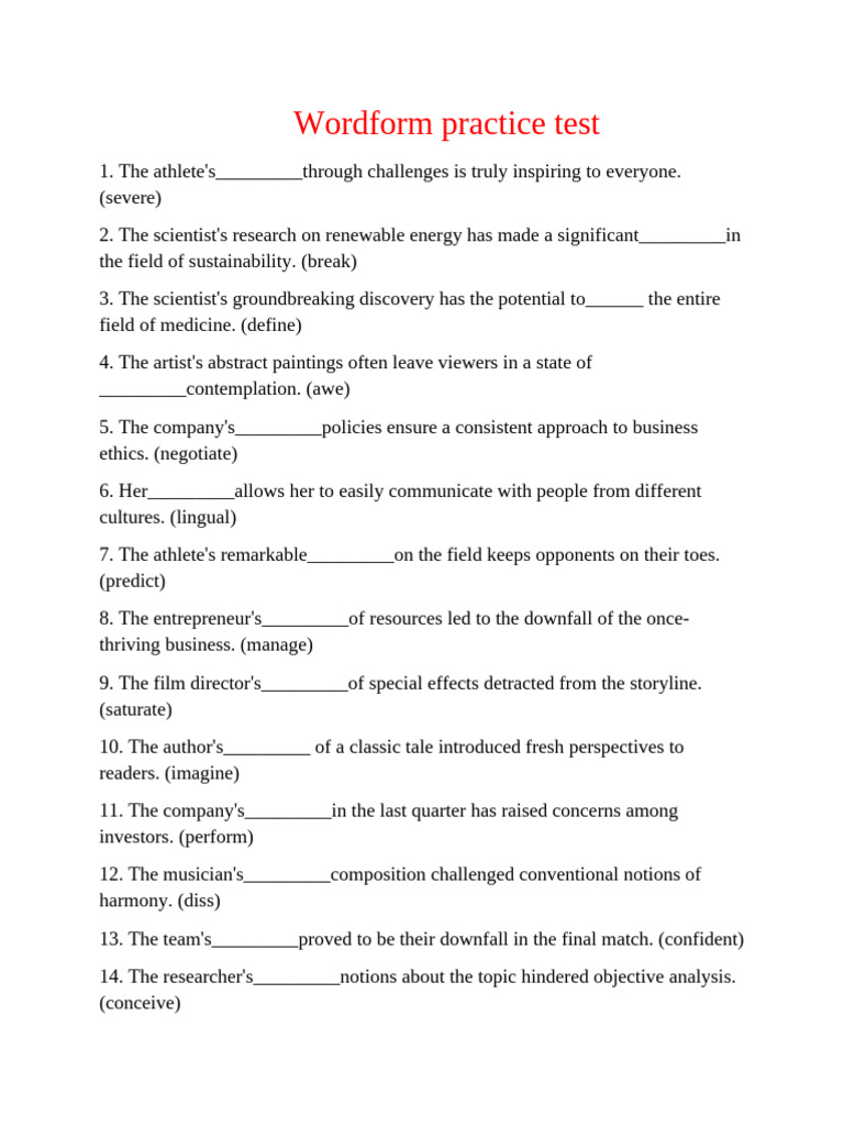 300 Câu Wordform Có Đáp Án | PDF