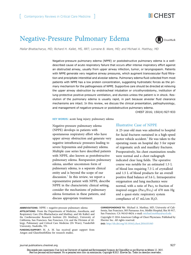 Negative-Pressure Pulmonary Edema CHEST | PDF | Edema | Lung