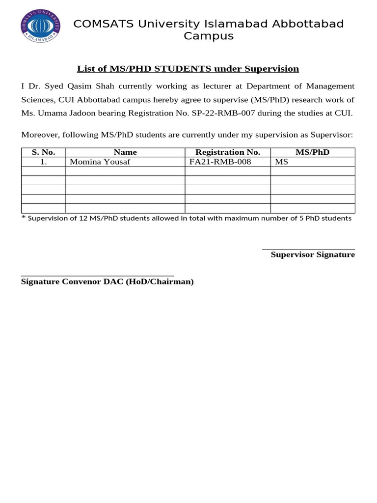 Supervisor List Proforma | PDF