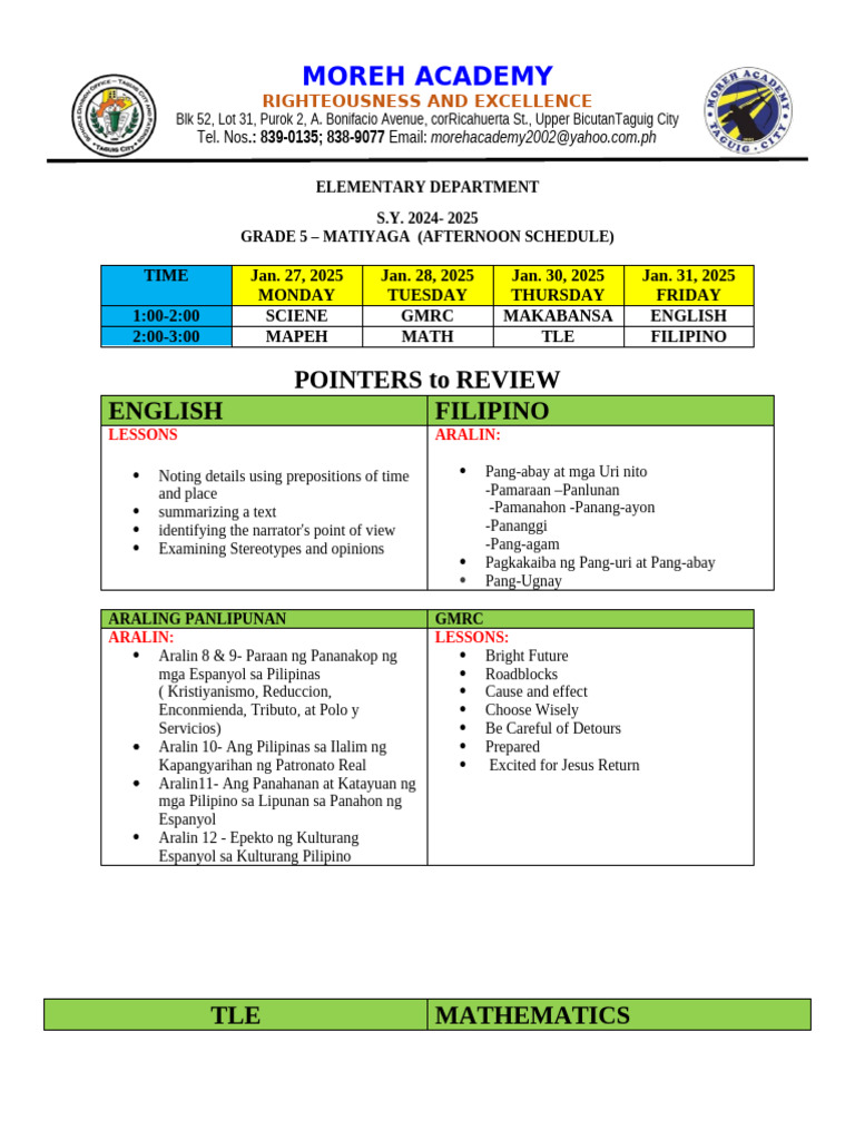 Schedule of Exam Pointers 3rd Quarter | PDF