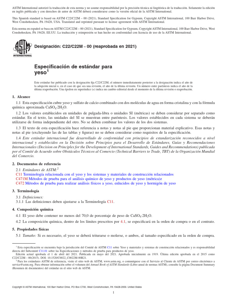 C22 - C22M-00 (2021) Especificación de Estándar para Yeso | PDF | Yeso