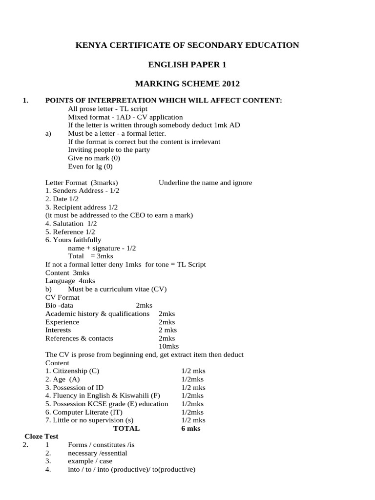 KCSE 2012 English Paper 1 Marking Scheme | PDF | Human Communication