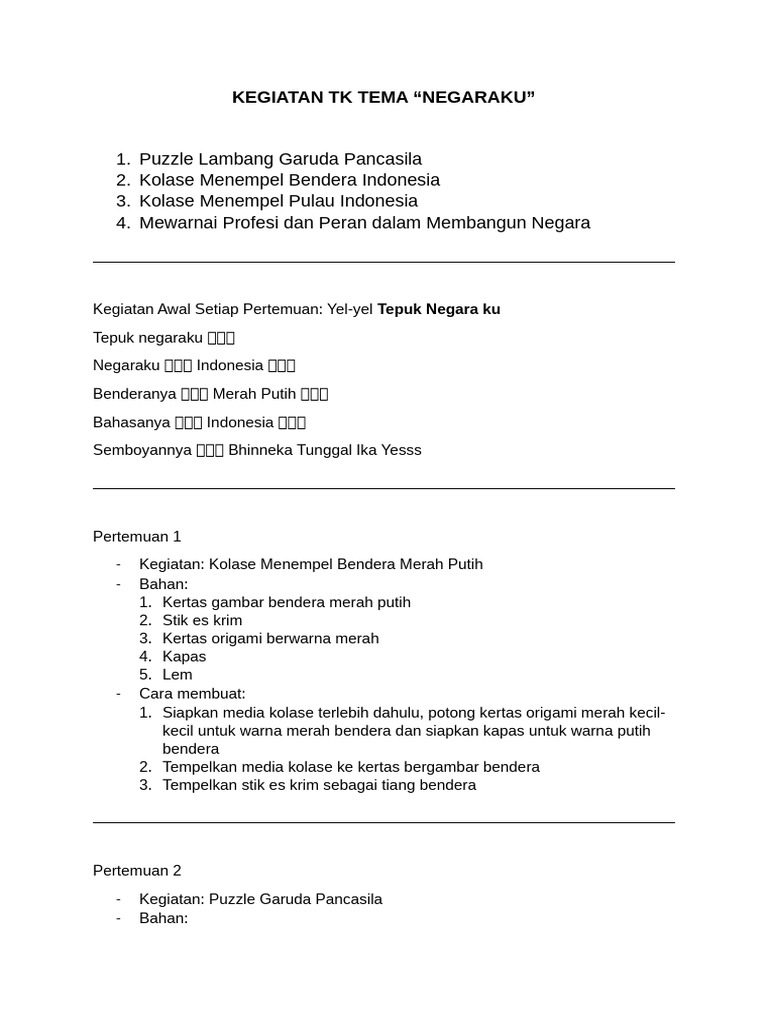 Kegiatan Kreatif Tema Negaraku TK | PDF