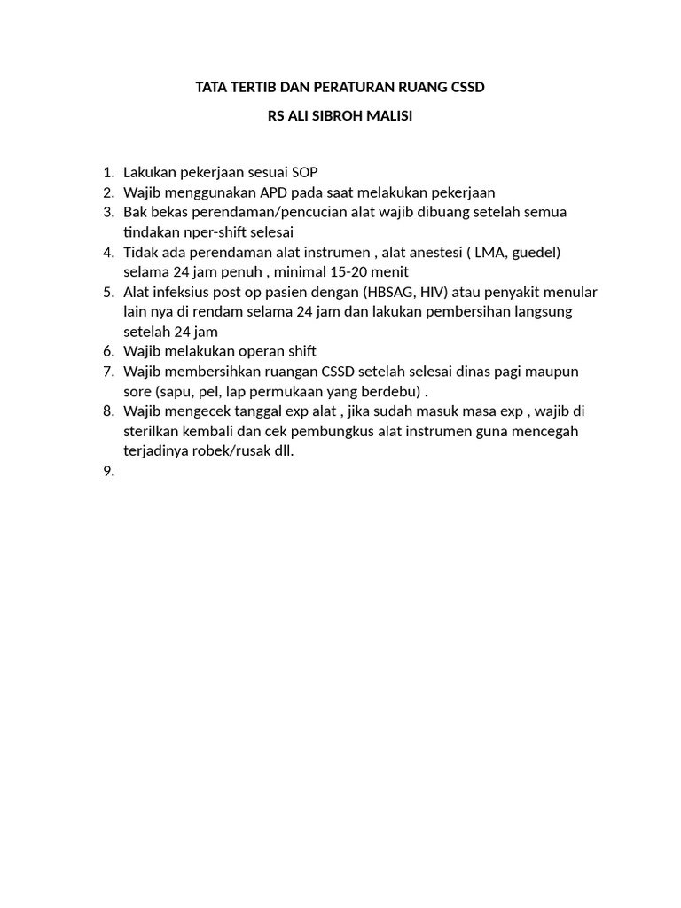 Tata Tertib CSSD RS Ali Sibroh | PDF