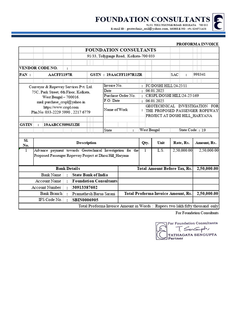 Proforma Invoice For Geotechnical Investigation - Dhosi Hill - Haryana | PDF