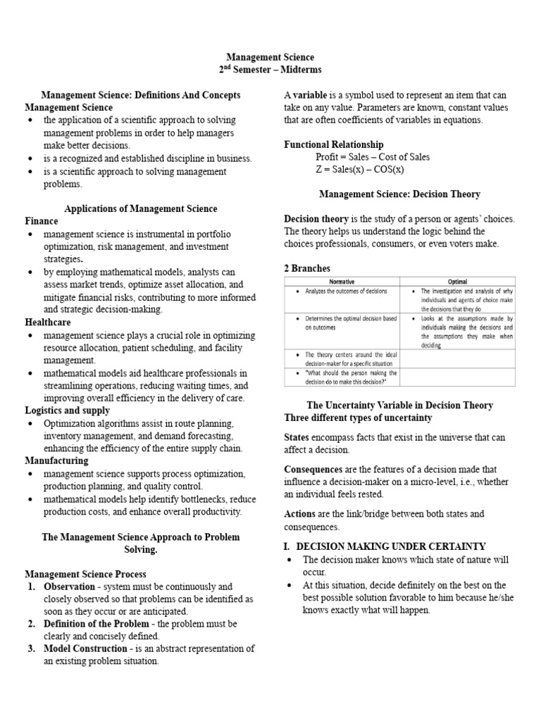 Mansci - Midterms Reviewer | PDF | Mathematical Optimization | Linear Programming