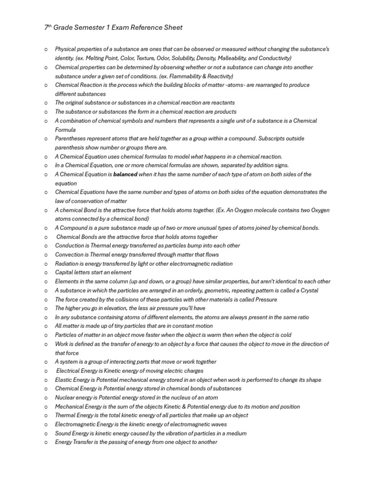 7th Grade Semester 1 Reference Sheet | PDF | Chemical Substances ...