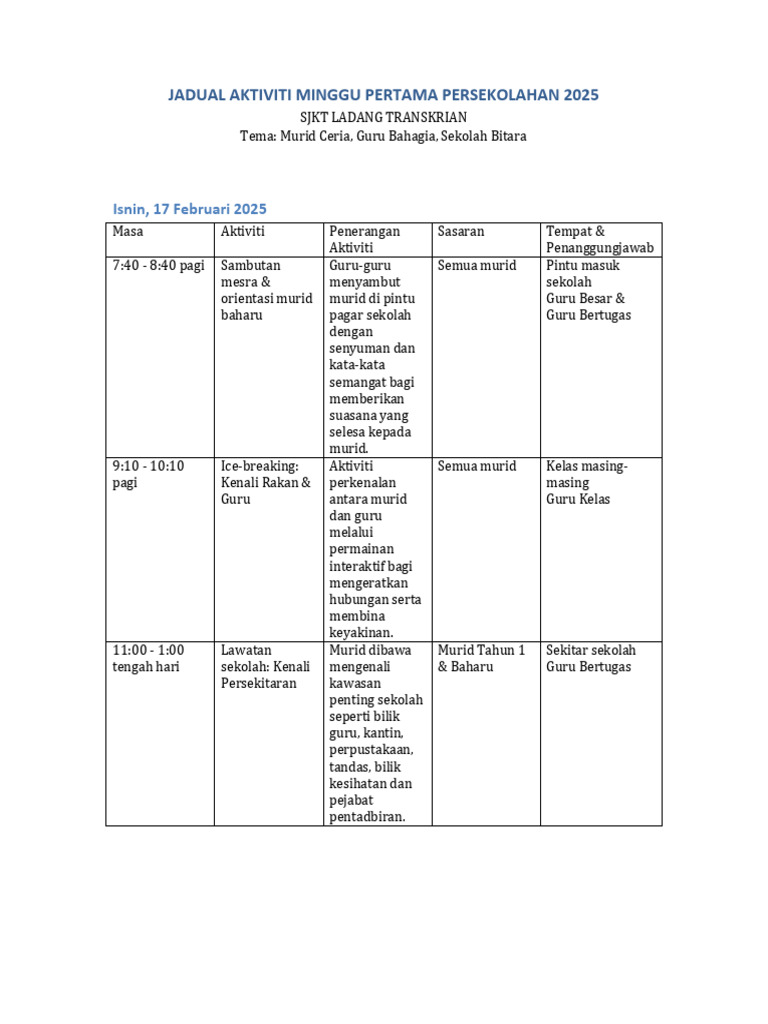 Jadual - Minggu - Pertama - SJKT LADDDANG TRANSKRIAN 2025 | PDF