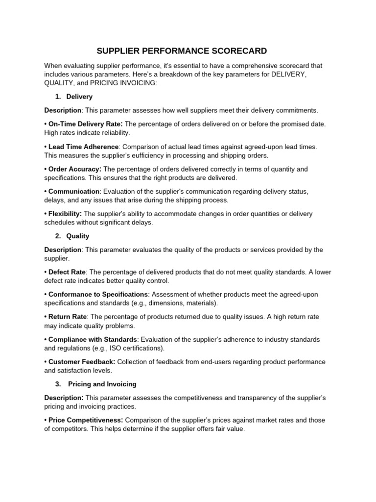 Supplier Performance Scorecard | PDF | Procurement | Supply Chain