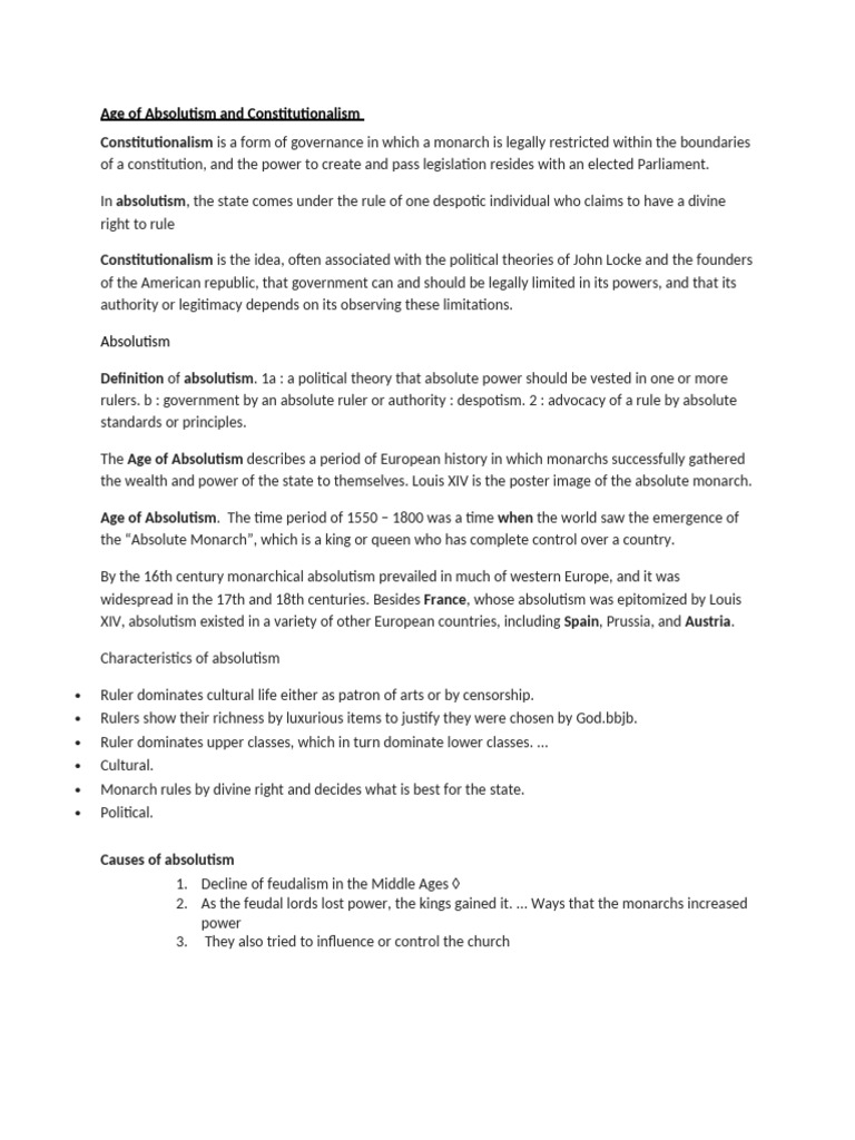 Age of Absolutism and Constitutionalism | PDF | Absolute Monarchy | Monarch