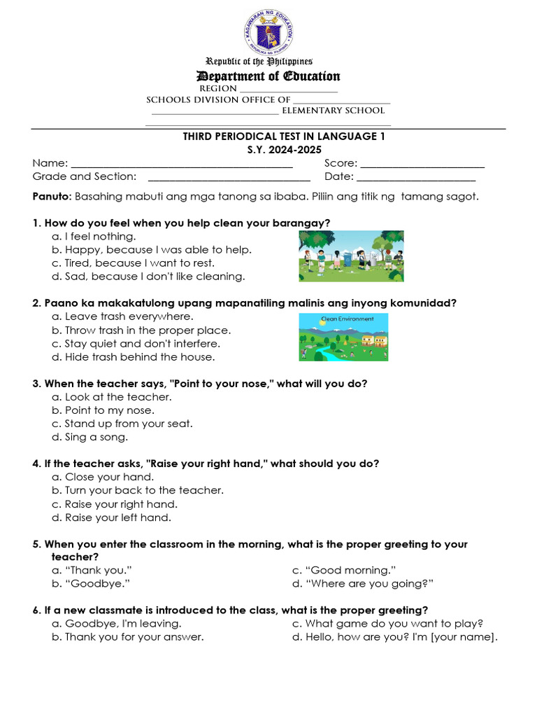 Grade 1 Third Periodical Test 2025 | PDF