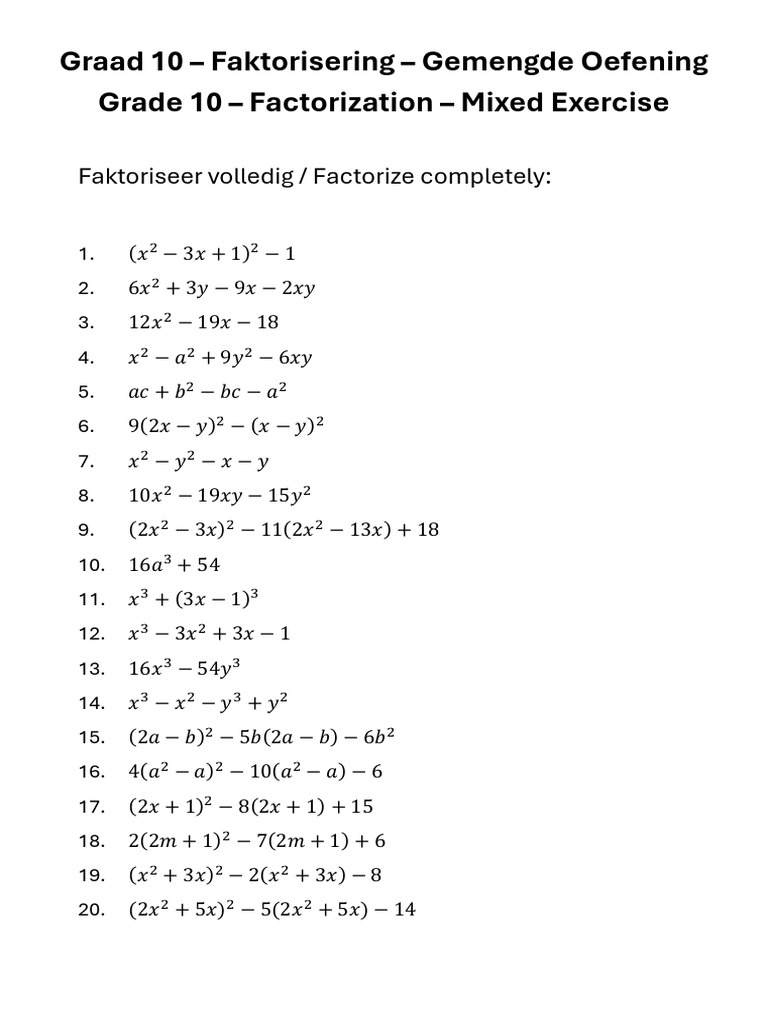 Grade 10 - Factorisation - Mixed Exercise | PDF