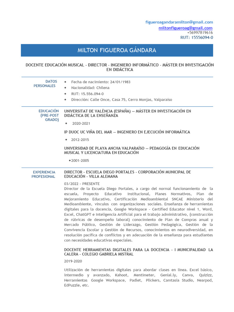 CV Milton Figueroa Gándara Director 2025 | PDF | Enseñando | Maestros