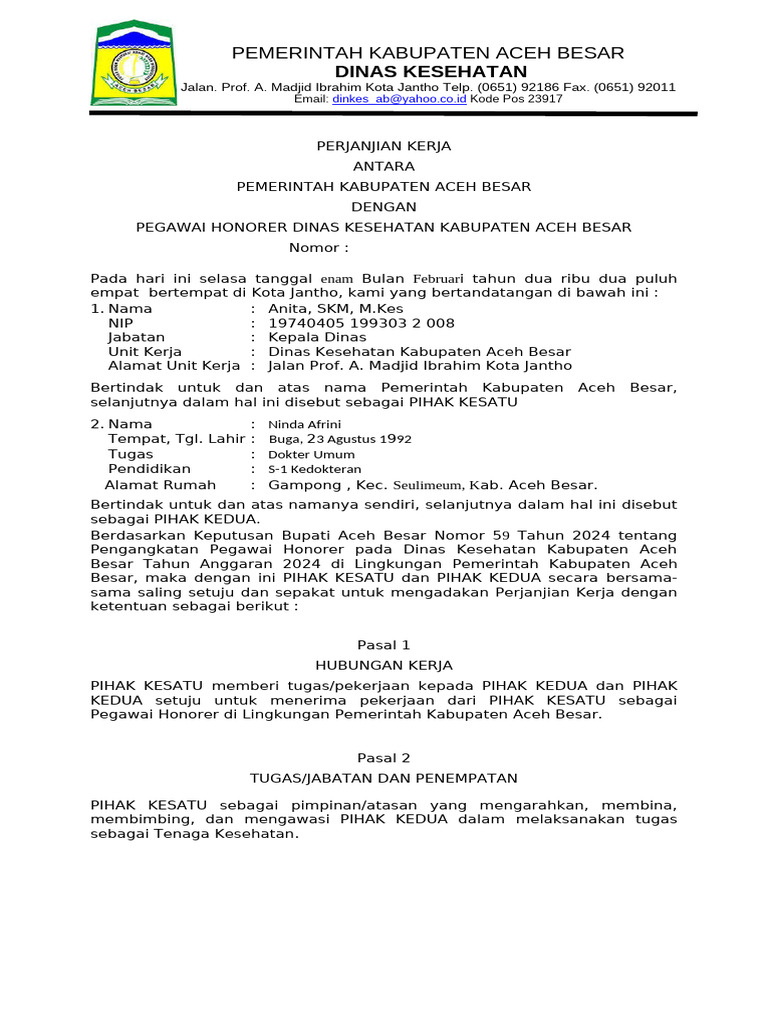 PERJANJIAN KERJA PEGAWAI HONORER Kec (1) | PDF