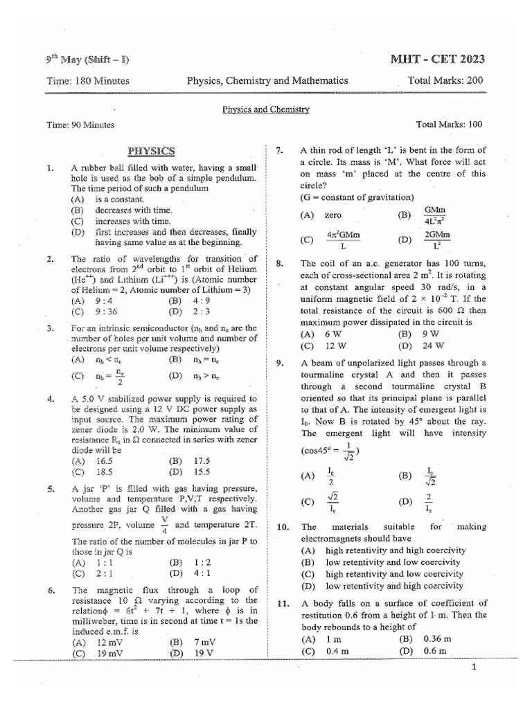 Mht-Cet - Pyq (2023) | PDF