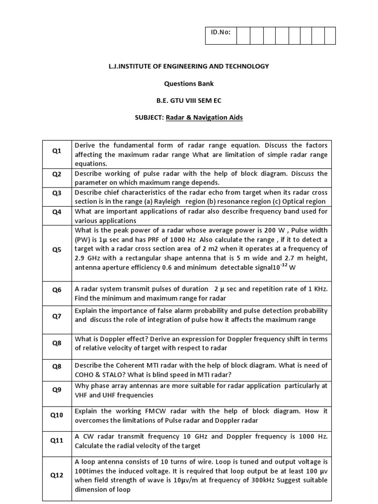 Radar System Questions Bank | PDF | Radar | Wireless