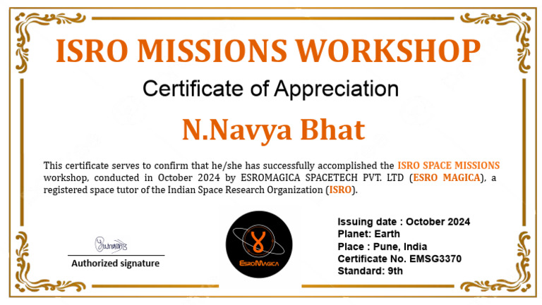 N.navya Bhat Certificate by EsroMagica of ISRO MISSION WORKSHOP | PDF