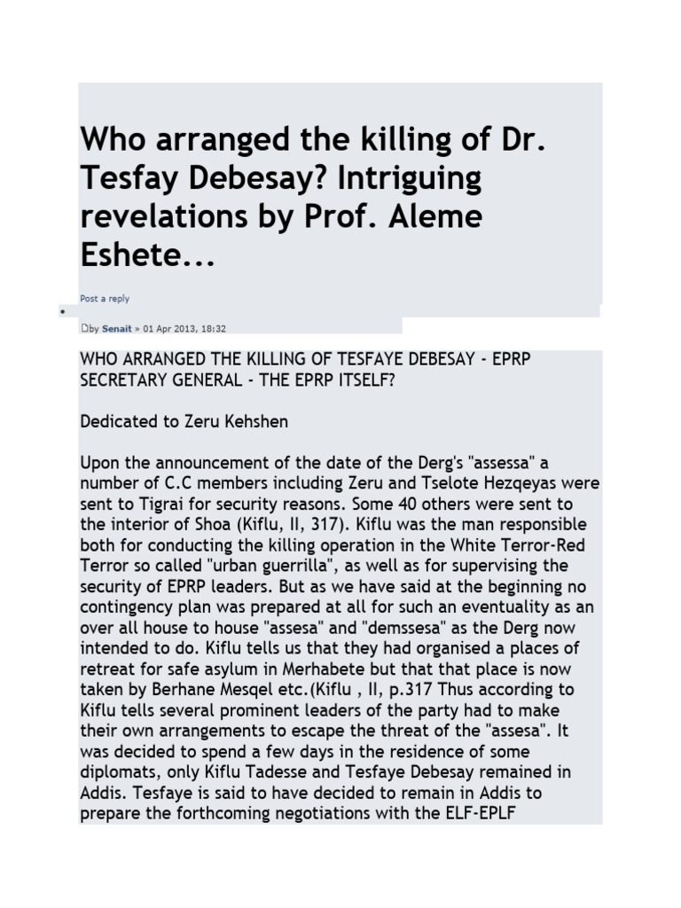 EPRP's Tesfaye Debesay's Final Days | PDF | Ethiopia