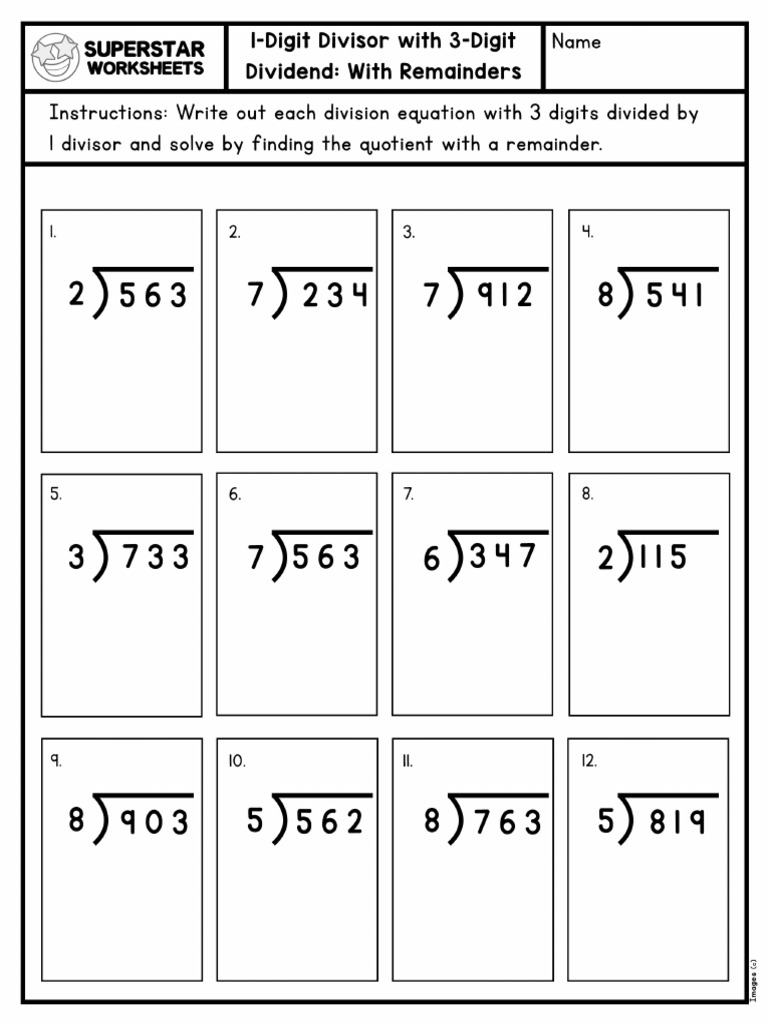 Long Division 3 Digit 4 TH Grade Worksheet With Remainder | PDF