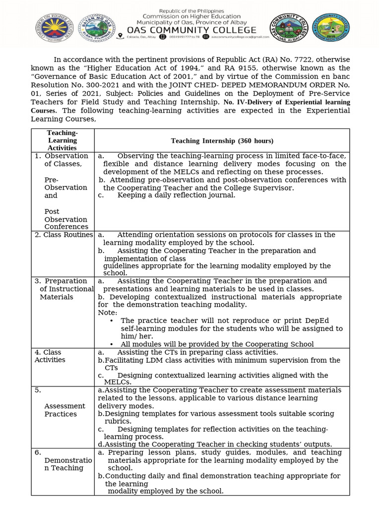 Guidelines for Pre-Service Teacher Internships | PDF | Teachers | Learning