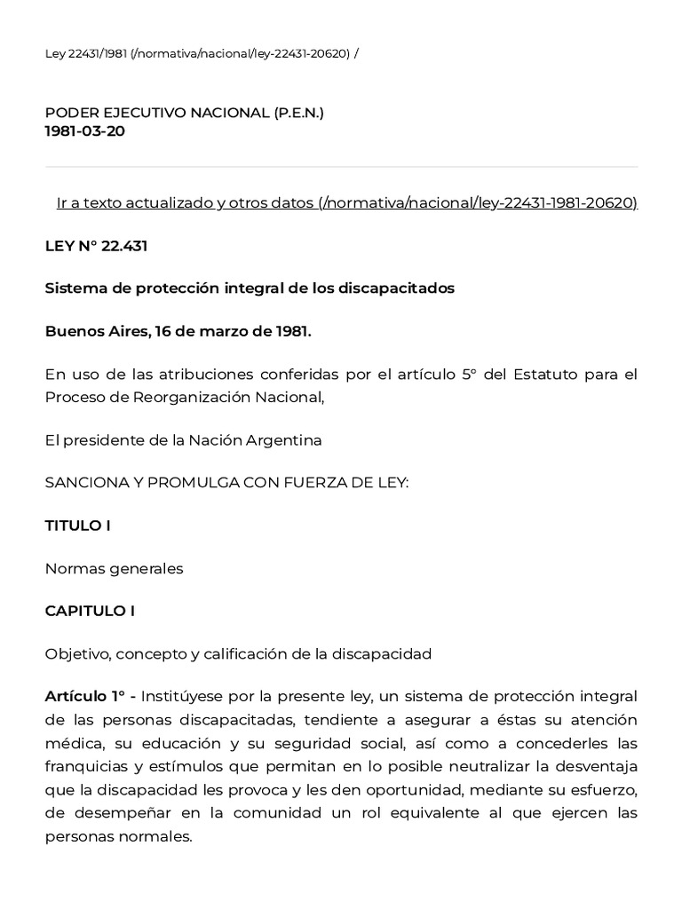 Ley #22.431 Sistema de Protección Integral de Los Discapacitados | PDF ...