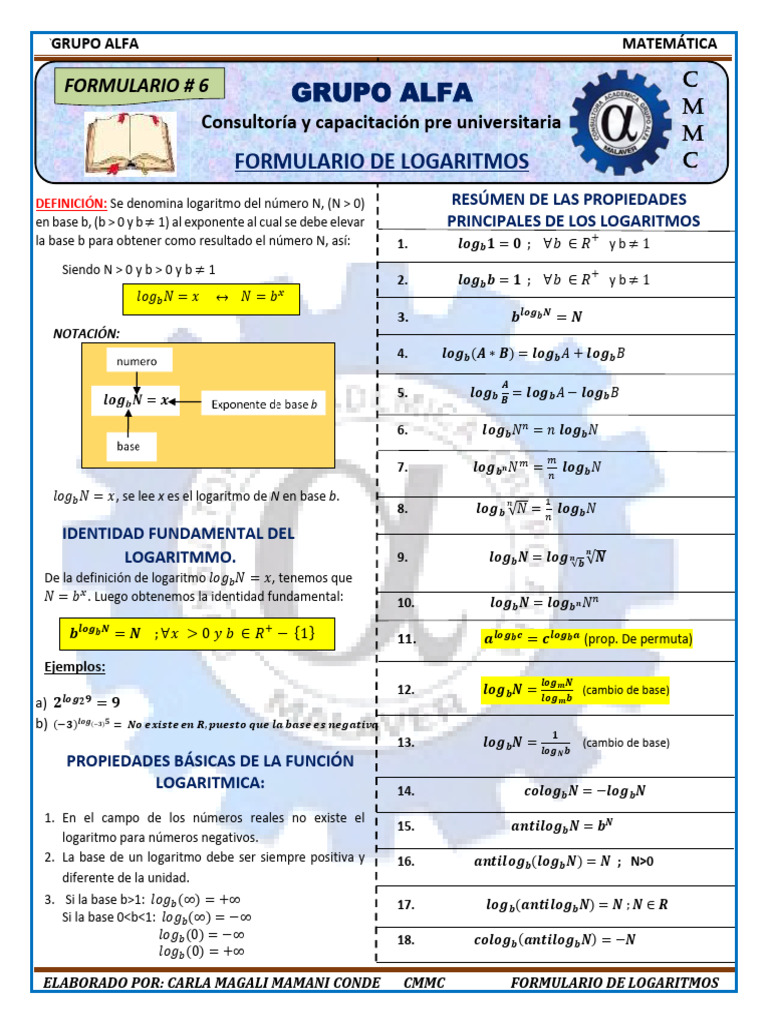 Formulario de Logaritmos | PDF | Logaritmo | Conceptos matemáticos