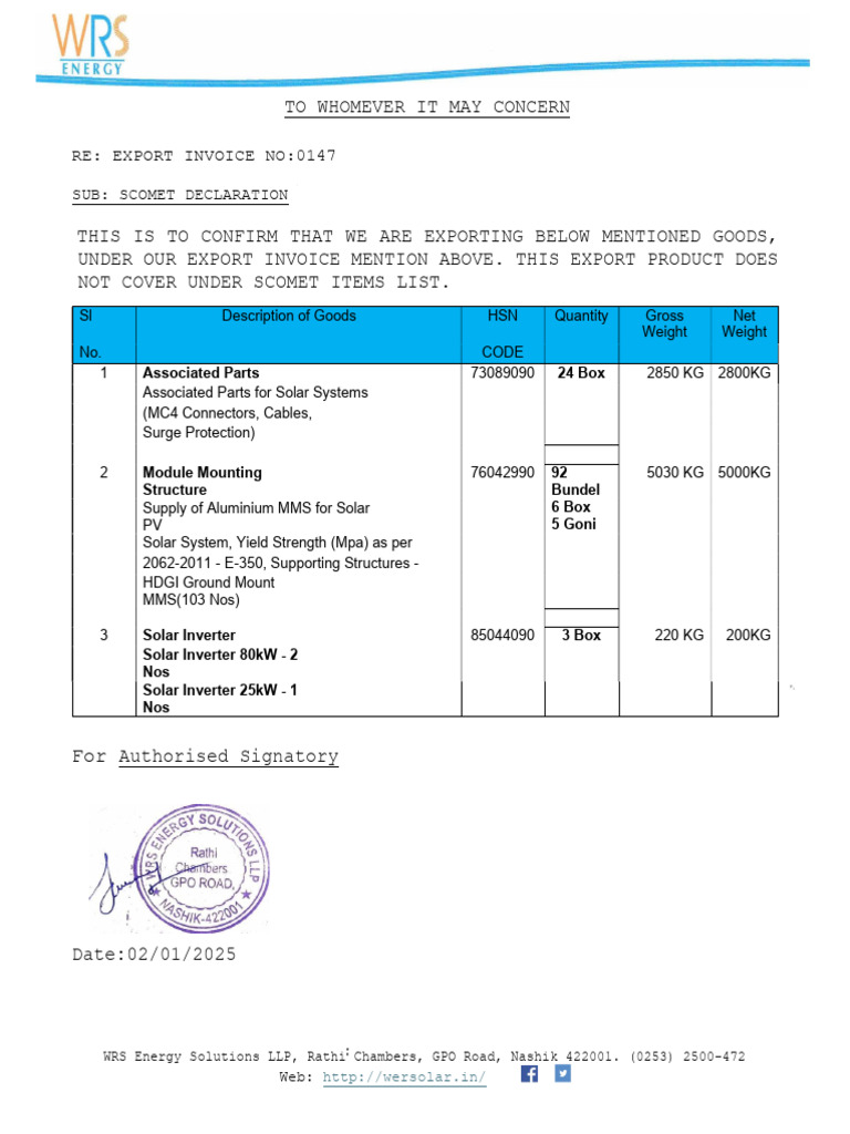 SCOMET Declaration for Solar Exports | PDF