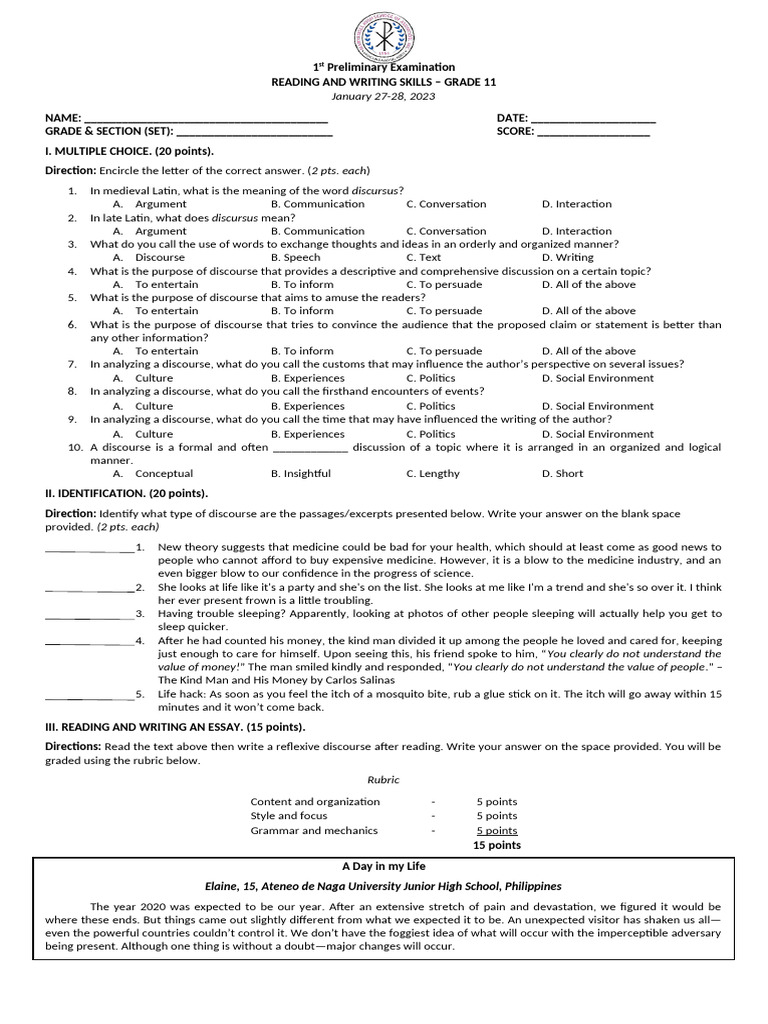 Grade 11 Reading & Writing Exam Guide | PDF | Conversation | Communication